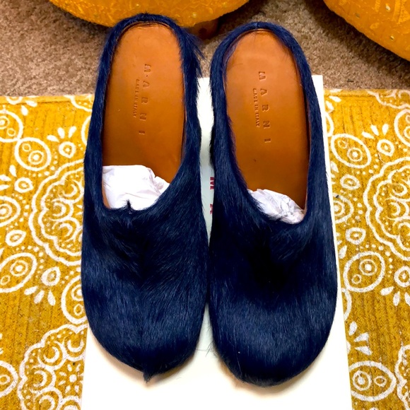 Marni | Shoes | Authentic Dark Blue Long Hair Calfskin Marni Mules ...
